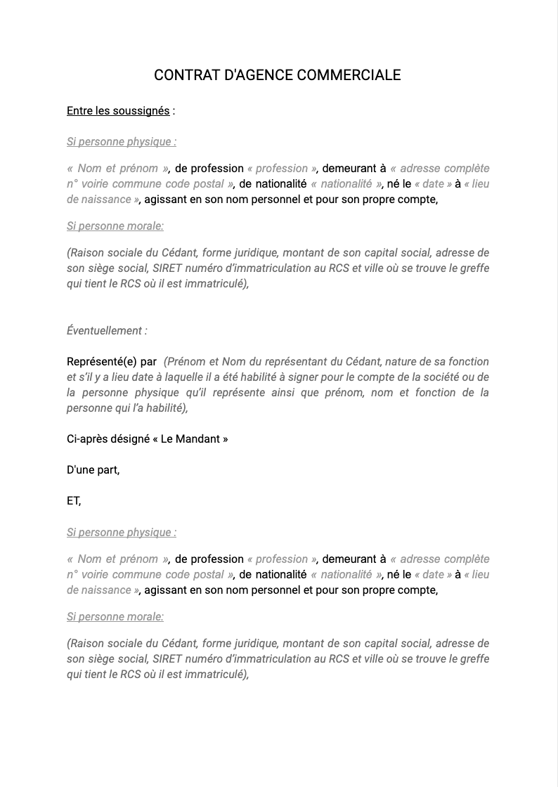 Contrat d'agence commerciale - document et modèle à télécharger